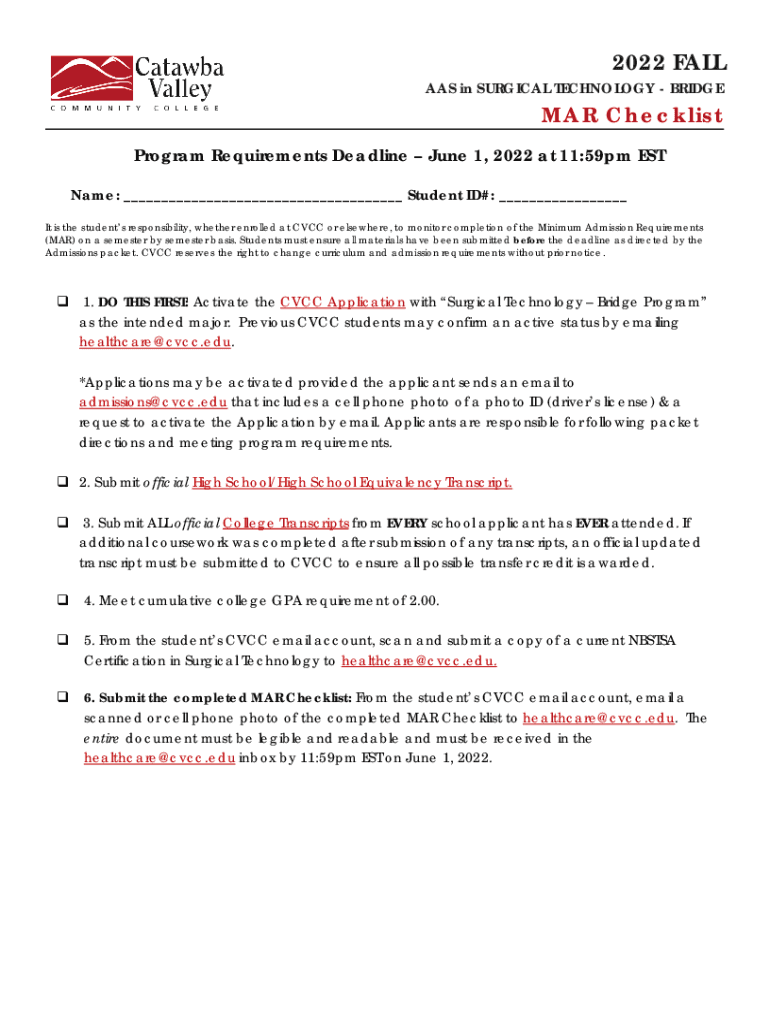 Fillable Online ADMISSION PACKET Surgical Technology BRIDGE Program Fax ...