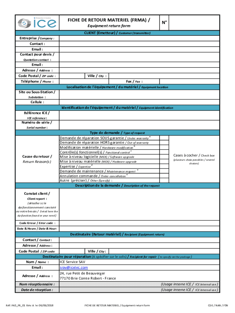 Remplissable En Ligne FICHE DE RETOUR MATERIEL (FRMA) / - Equipment ... Fax Email Imprimer ...