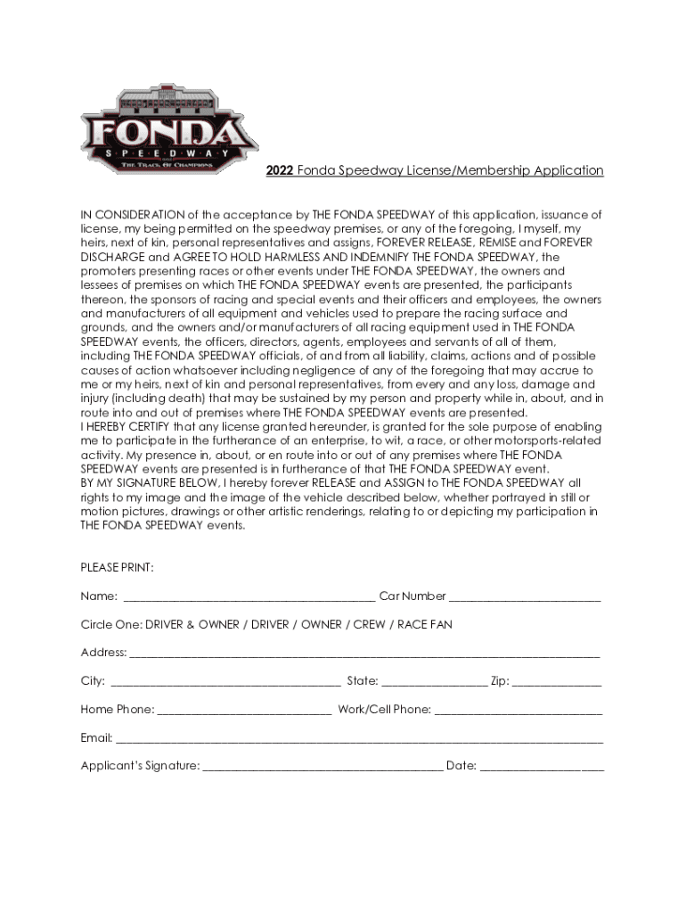 Fillable Online 2022 Fonda Speedway License/Membership Application Fax ...
