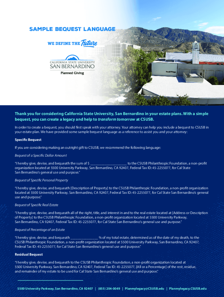 Fillable Online Sample Bequest Language for Your Will - Planned Giving ...