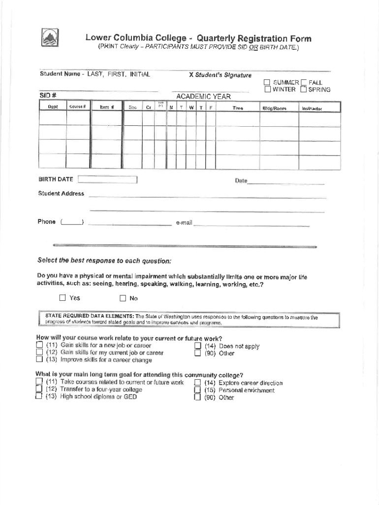 Fillable Online Lower Columbia College - Quarterly Registration Form Fax Email Print - pdfFiller