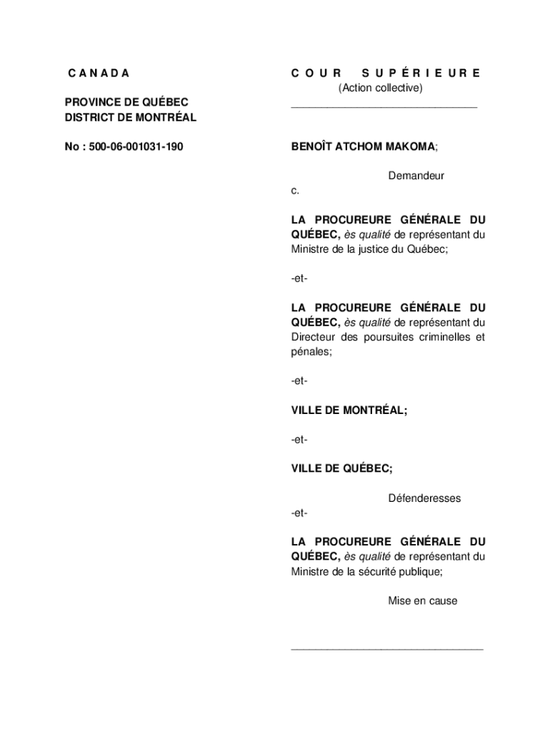 Remplissable En Ligne Aperu de la demande d'action collective 500-06 ...