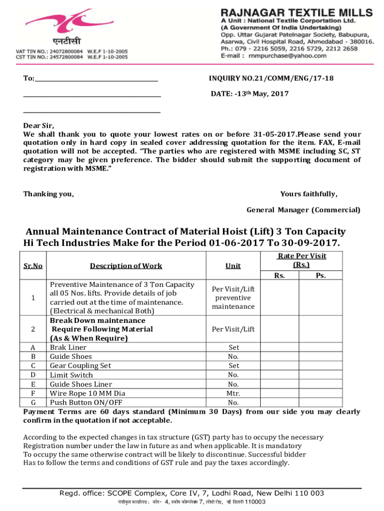 Fillable Online Annual Maintenance Contract of Material Hoist (Lift) 3 ...