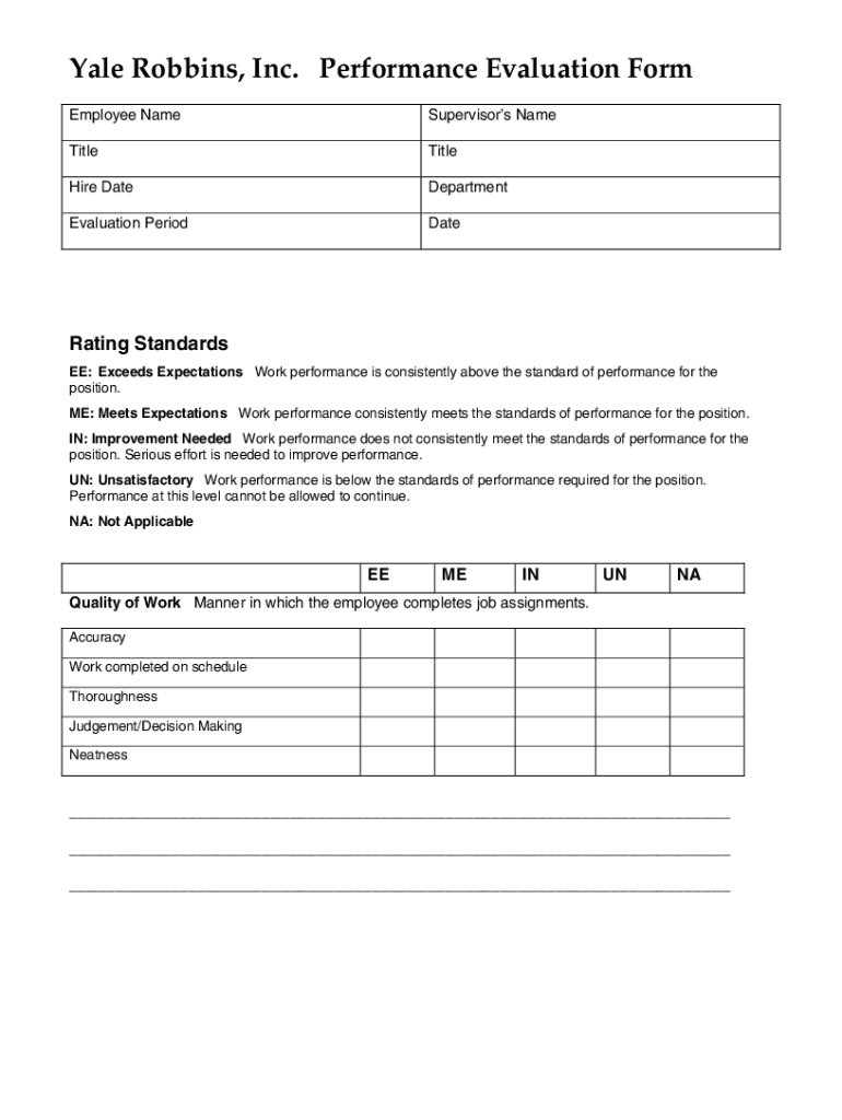 Fillable Online Yale Robbins, Inc. Performance Evaluation Form Fax ...