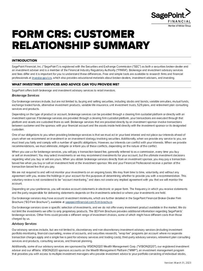 Fillable Online FORM CRS: CUSTOMER RELATIONSHIP SUMMARY - Park Place ...