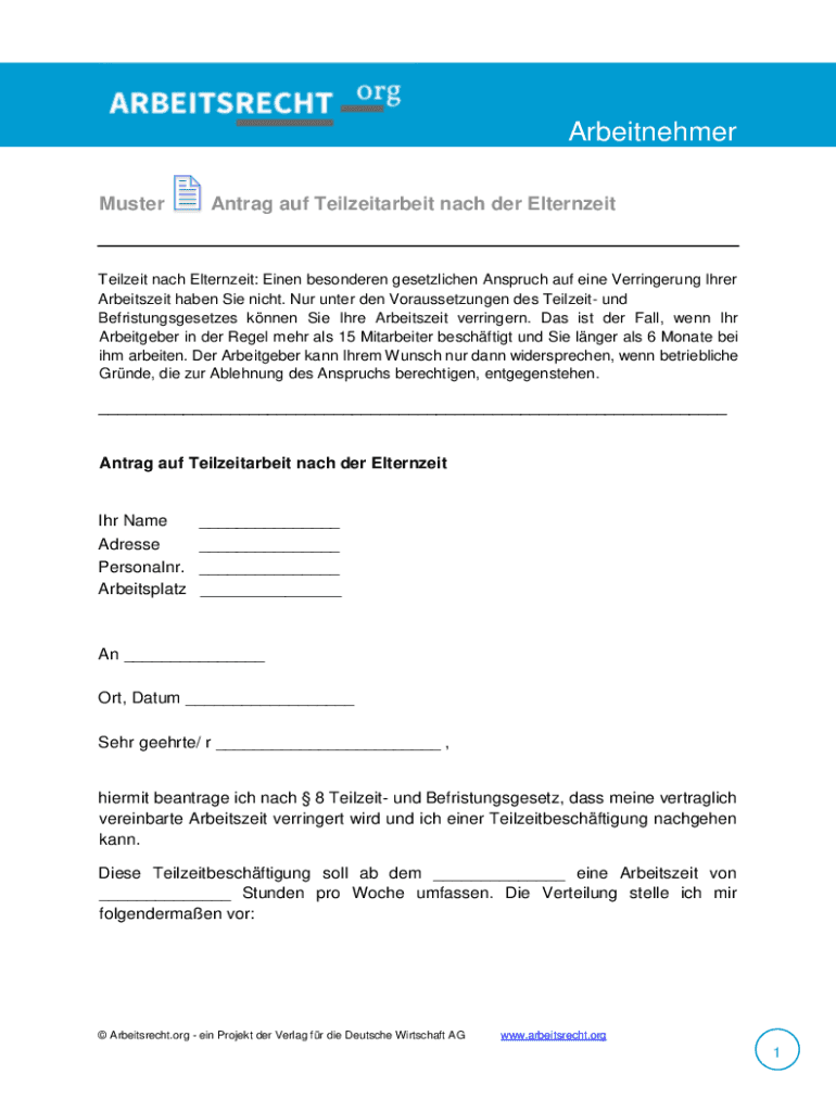 Ausfüllbar Online Muster Antrag auf Teilzeitarbeit nach der Elternzeit ...