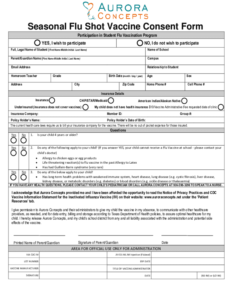 Fillable Online Seasonal Flu Shot Vaccine Consent Form Fax Email Print ...