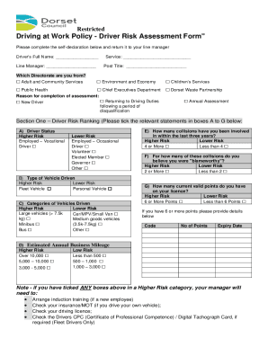 Fillable Online Driving at Work Policy - Driver Risk Assessment Form ...