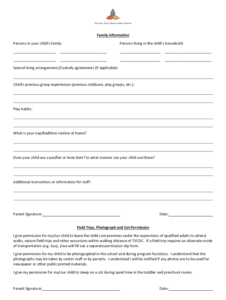 Fillable Online The VAIL Child Development CenTER - Enrollment Contract ...