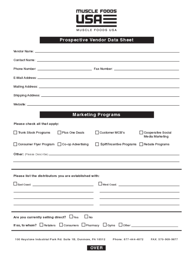 Fillable Online Prospective Vendor Data Sheet Fax Email Print - pdfFiller