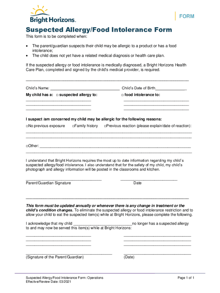 Fillable Online childcare mit Suspected Allergy - Food Intolerance Form ...