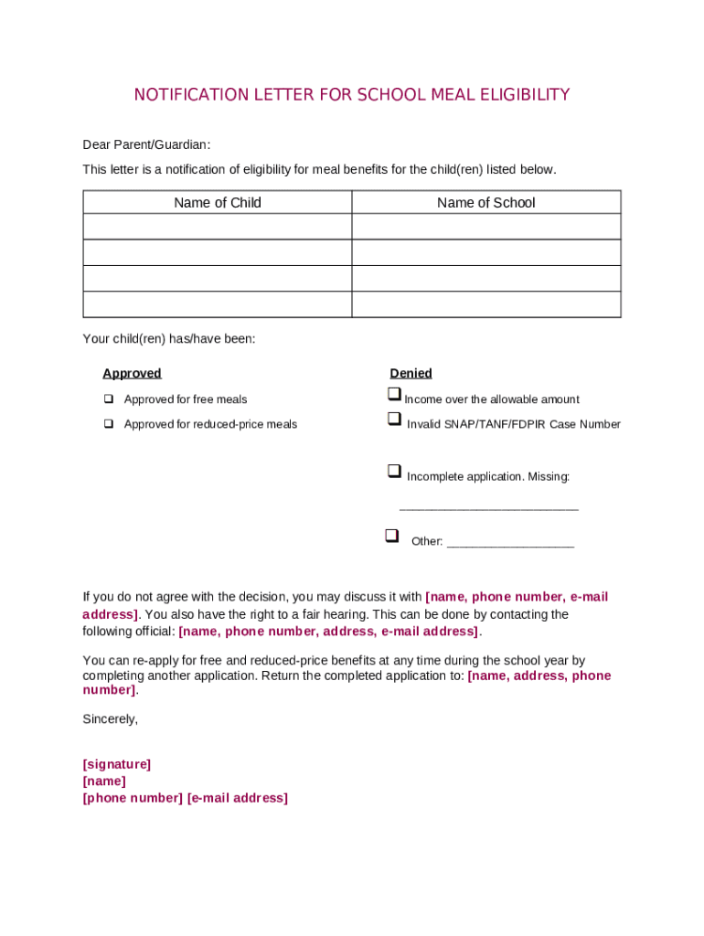 Notification Letter for School Meals (PDF)Child Nutrition Doc Template ...