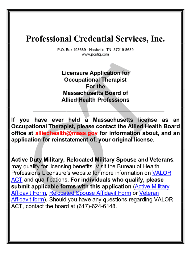 Fillable Online Licensure Application for Occupational Therapist For the ... Fax Email Print ...
