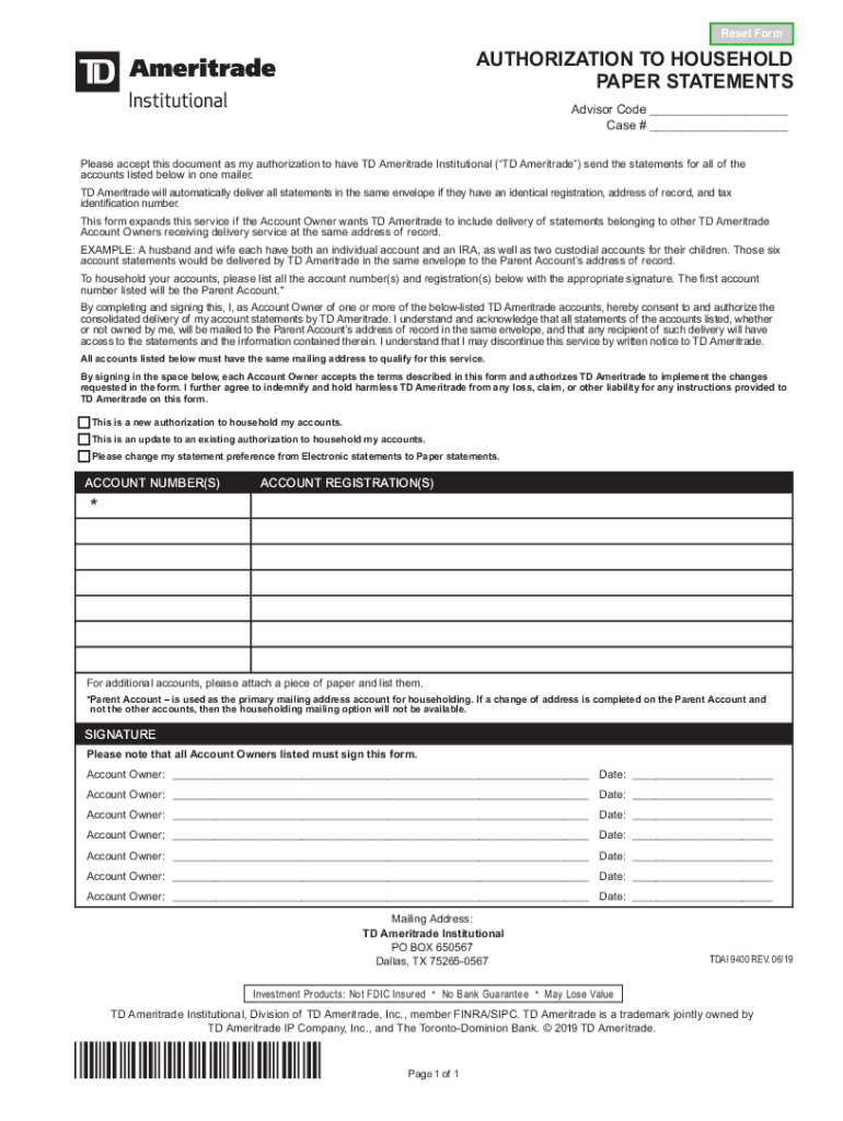 Fillable Online Authorization To Household Paper Statements-TDI 0619 ...