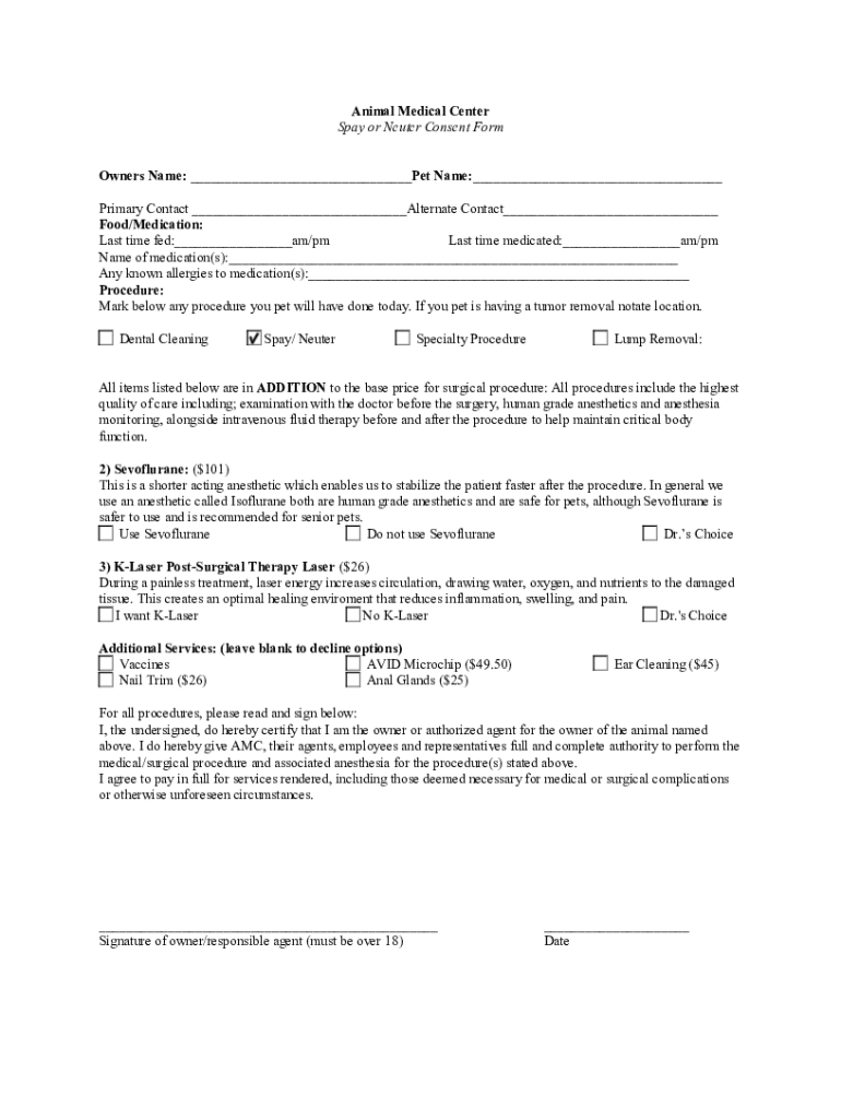 Fillable Online Animal Medical Center Spay or Neuter Consent Form ...