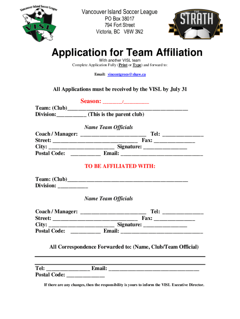 Fillable Online Application for Team Affiliation Fax Email Print ...