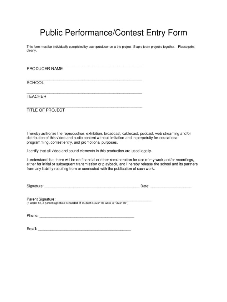 Fillable Online Public Performance/Contest Entry Form Fax Email Print ...