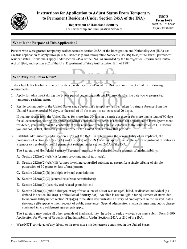 Fillable Online Form I-698, Instructions for Application to Adjust ...