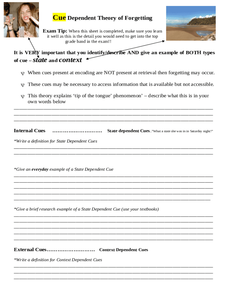 HW task Cue Dependent Theory of Forgetting worksheet Doc Template | pdfFiller