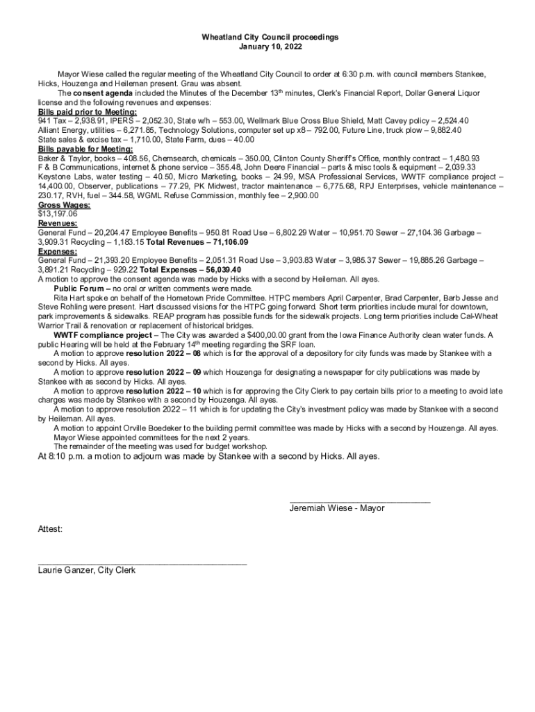 Fillable Online At 8:10 p.m. a motion to adjourn was made by Stankee ...