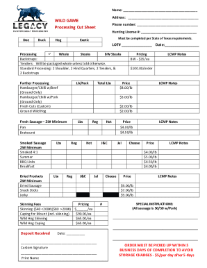 Fillable Online WILD GAME Processing Cut Sheet Fax Email Print - pdfFiller