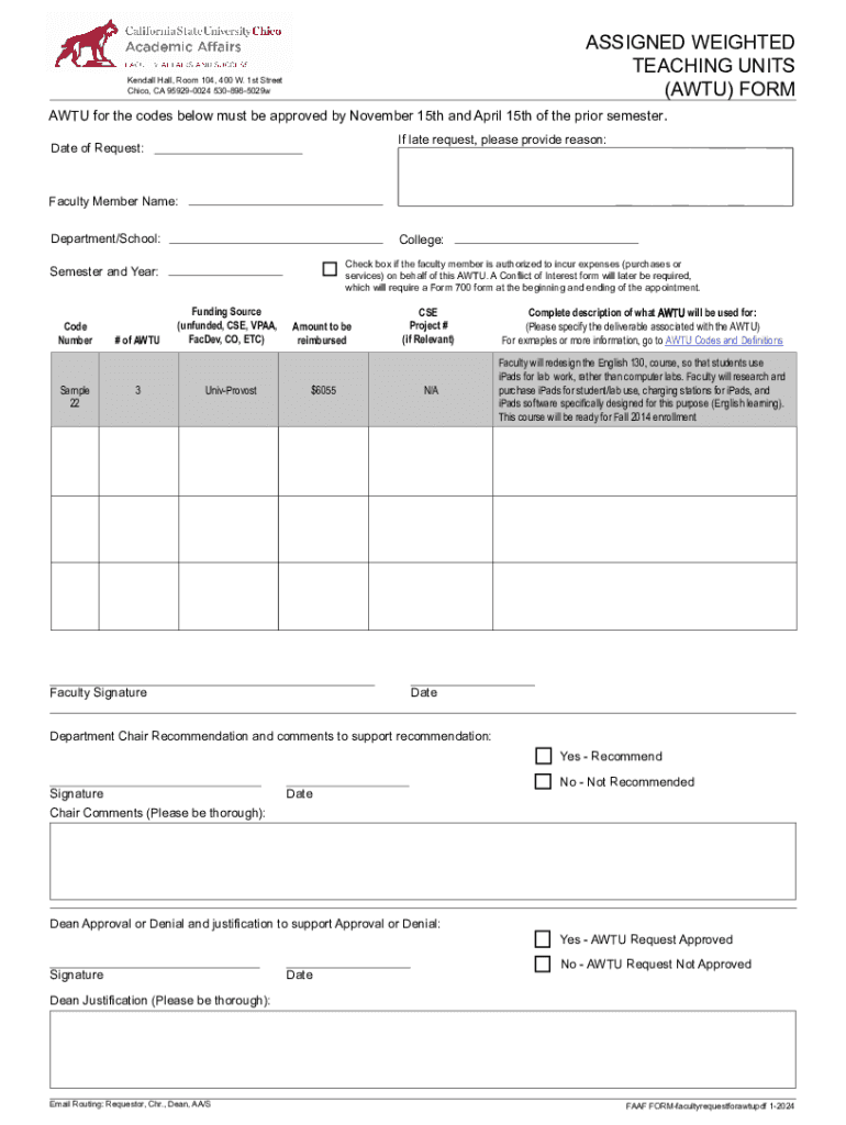 Fillable Online ASSIGNED WEIGHTED TEACHING UNITS (AWTU) FORM Fax Email ...