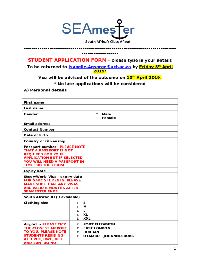 SEAmester application 2019 - Student . ... Doc Template | pdfFiller