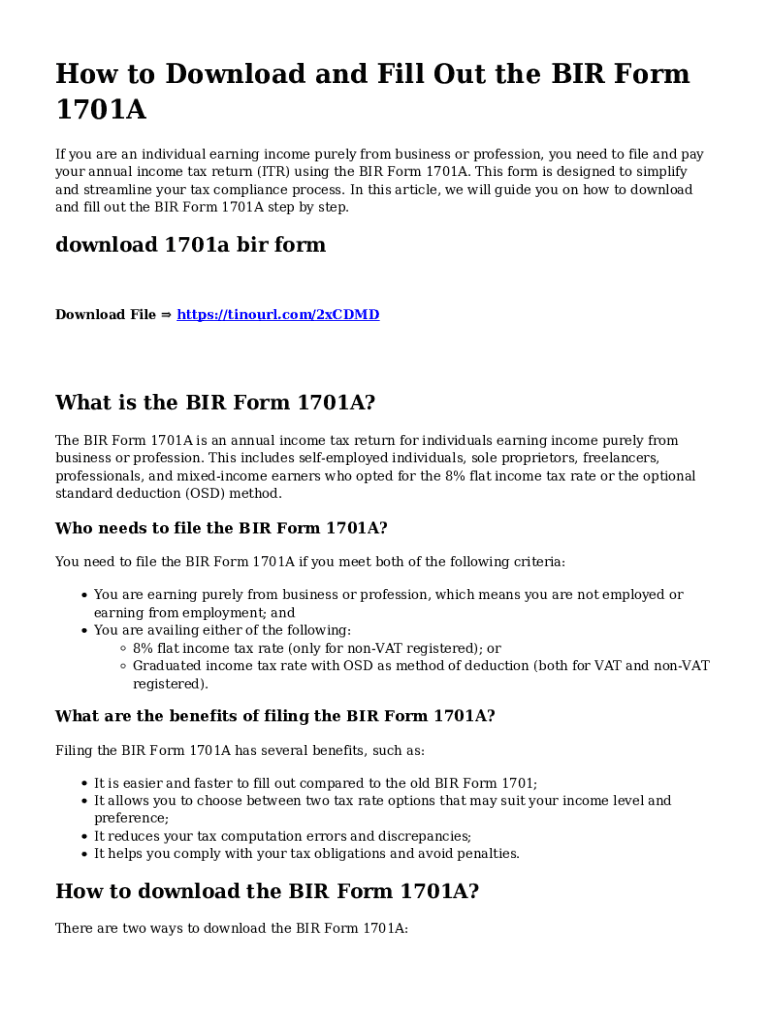 Fillable Online BIR Form 1701A Annual Income Tax Return for Individuals ...