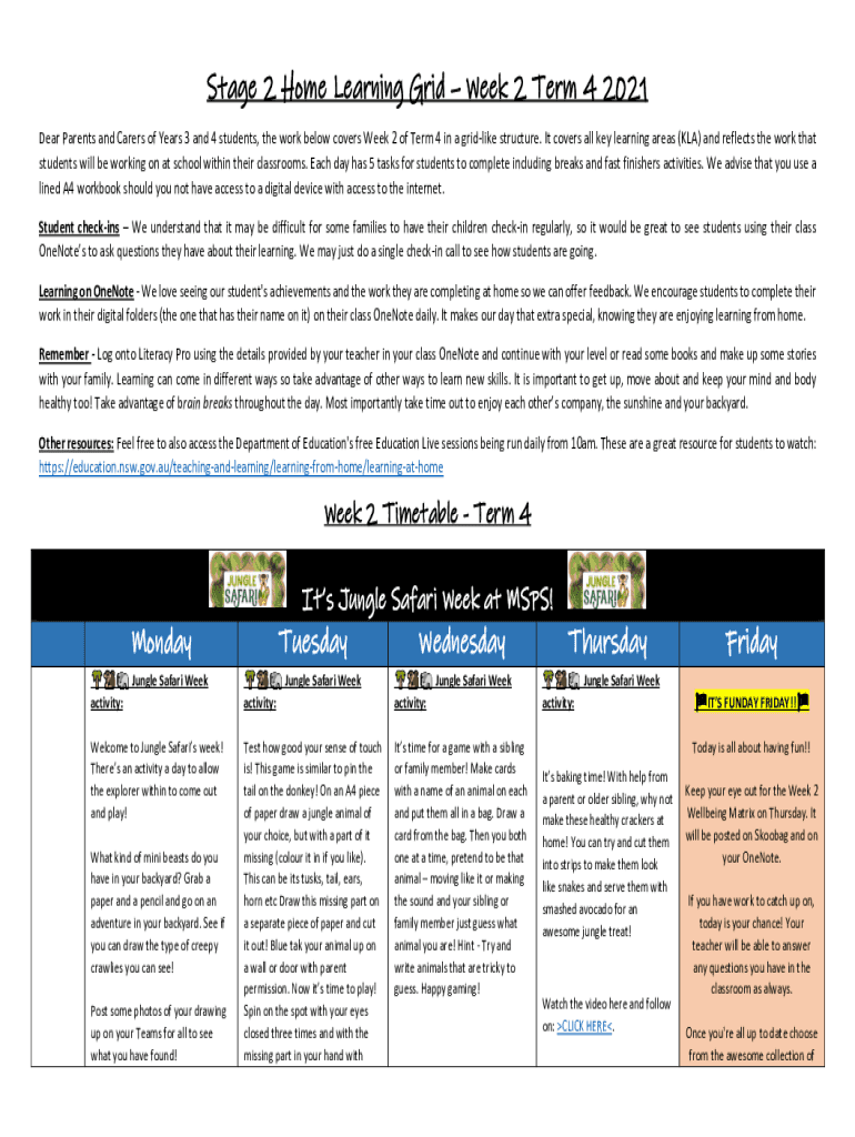Fillable Online Stage 2 Home Learning Grid Week 2 Term 4 2021 Fax Email ...
