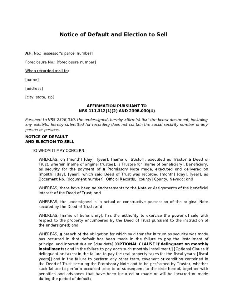 Notice of Default and Election to Sell Doc Template | pdfFiller