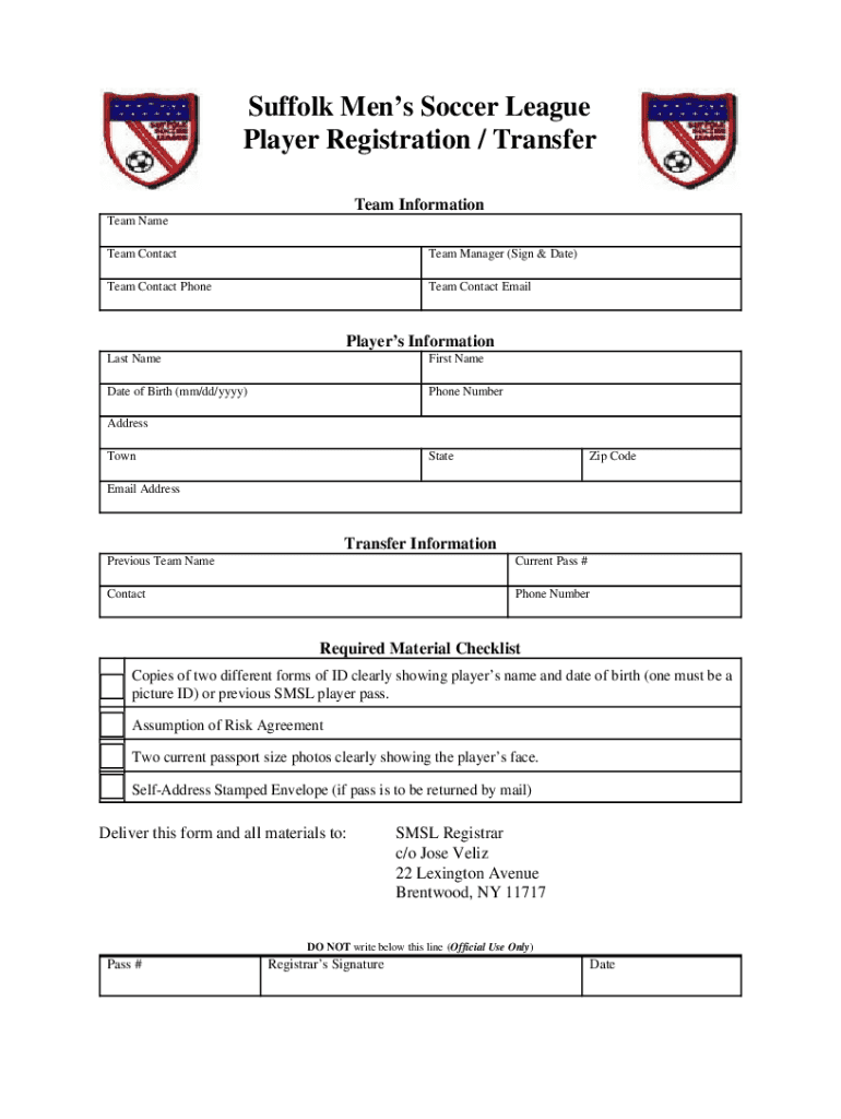 Fillable Online Suffolk Men's Soccer League Player Registration ...