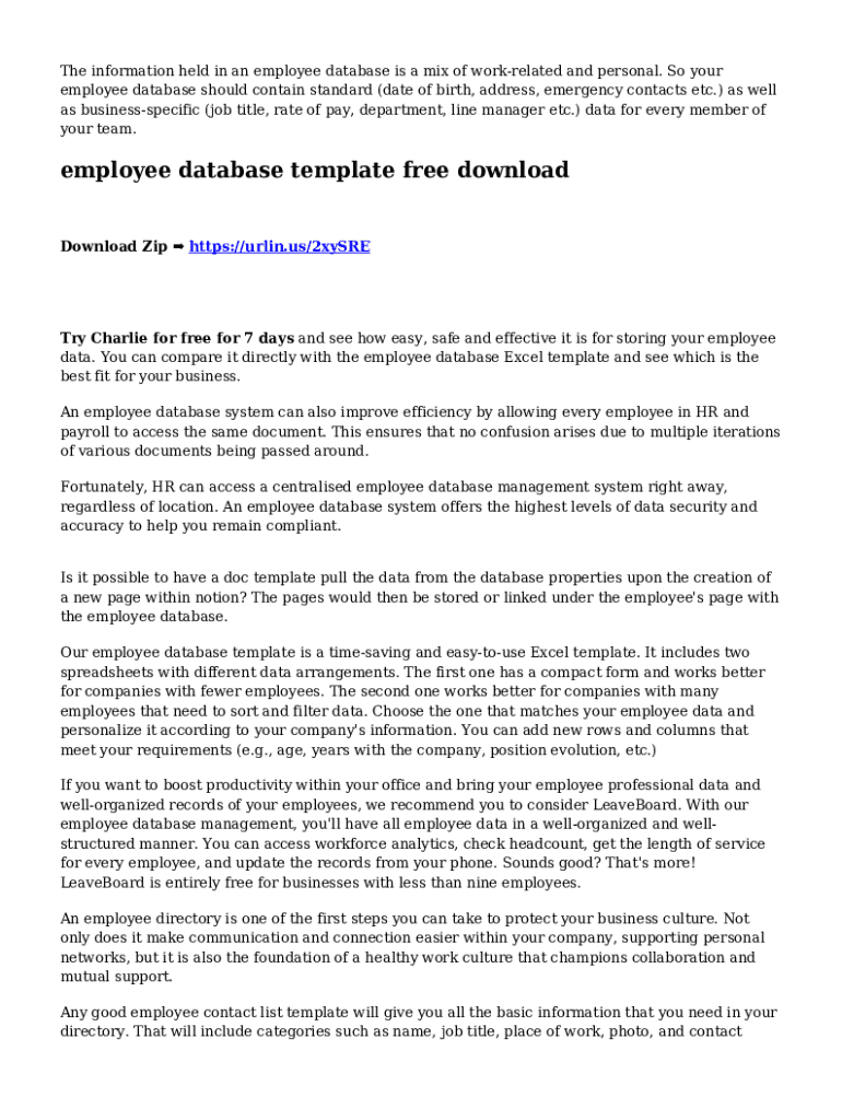 Fillable Online Employee Database Template Free Download Fax Email ...