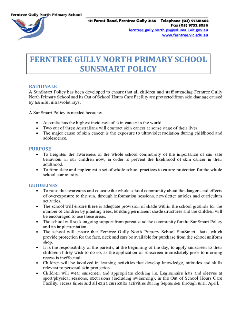 Fillable Online A SunSmart Policy has been developed to ensure that all ...