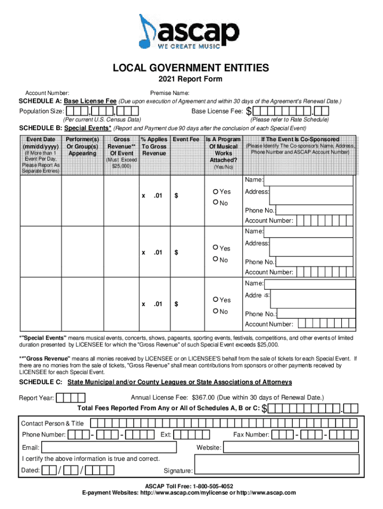 Fillable Online Local Government ASCAP Music License Report Form Fax ...