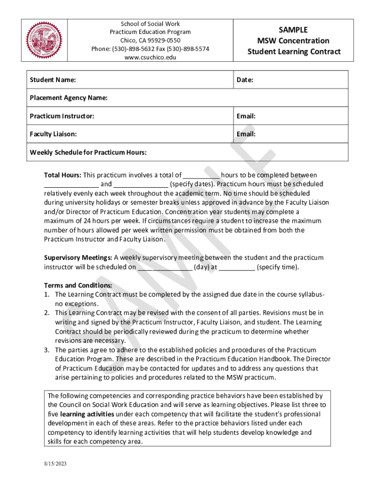 Fillable Online SAMPLE MSW Concentration Student Learning Contract Fax ...