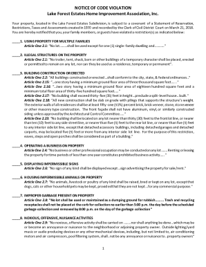 Fillable Online NOTICE OF CODE VIOLATION Lake Forest Estates Home ...