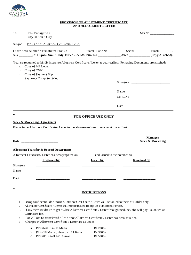 Provision of Allotment Certificate Doc Template | pdfFiller