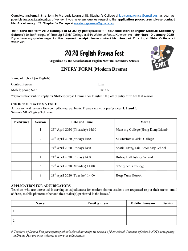 Fillable Online AEMSS Drama Fest 2020 Modern Drama Entry Form.doc Fax Email Print - pdfFiller