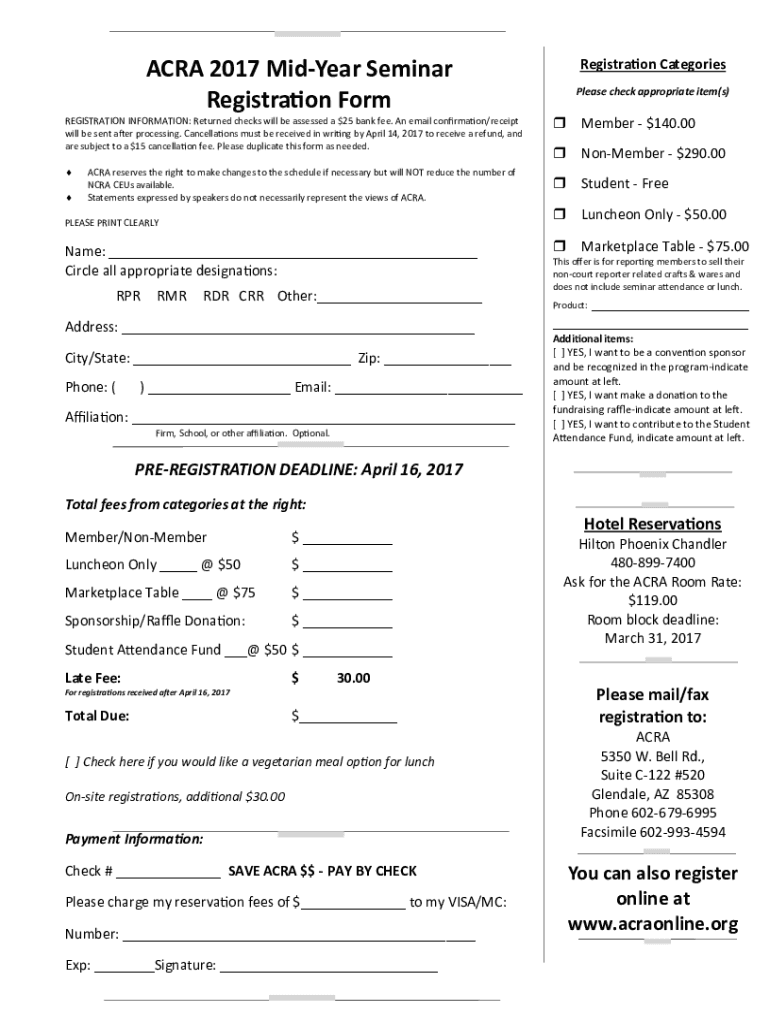 Fillable Online ACRA 2017 Mid-Year Seminar Registration Form Fax Email ...