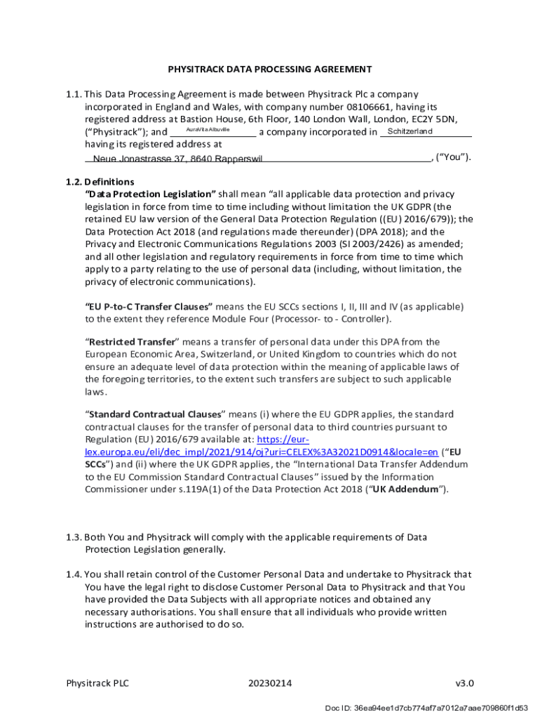 Fillable Online Physitrack PLC Public 1 DATA PROCESSOR AGREEMENT 1 ...