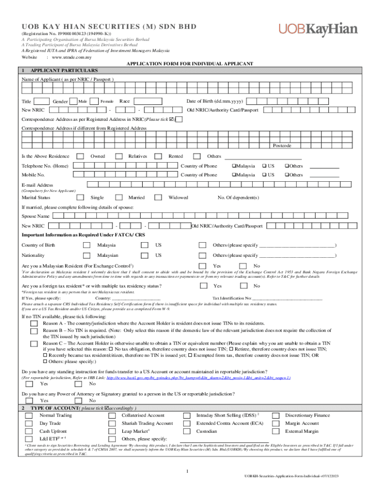 Fillable Online UOB Kay Hian Private Limited Account Application Fax ...
