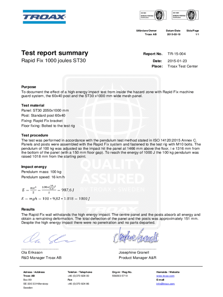 Fillable Online Troax Test Reports Rapid Fix 1000 joules ST30 Fax Email ...