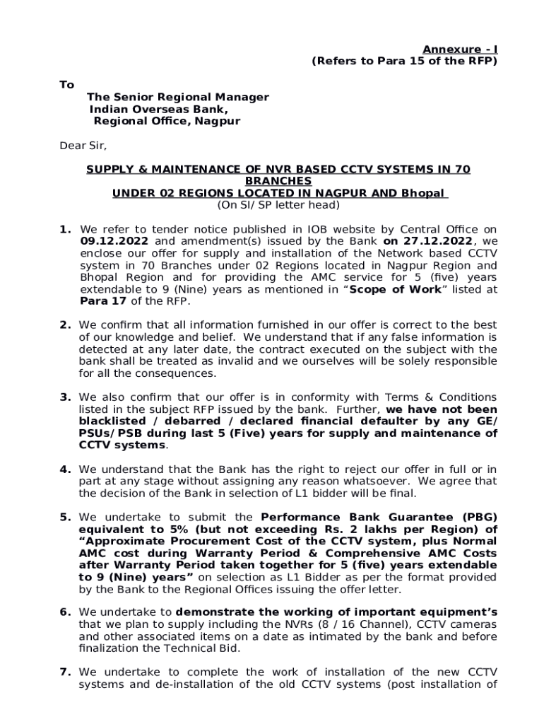 Annexure - I (Refers to Para 15 of the RFP) To The Senior ... Doc ...