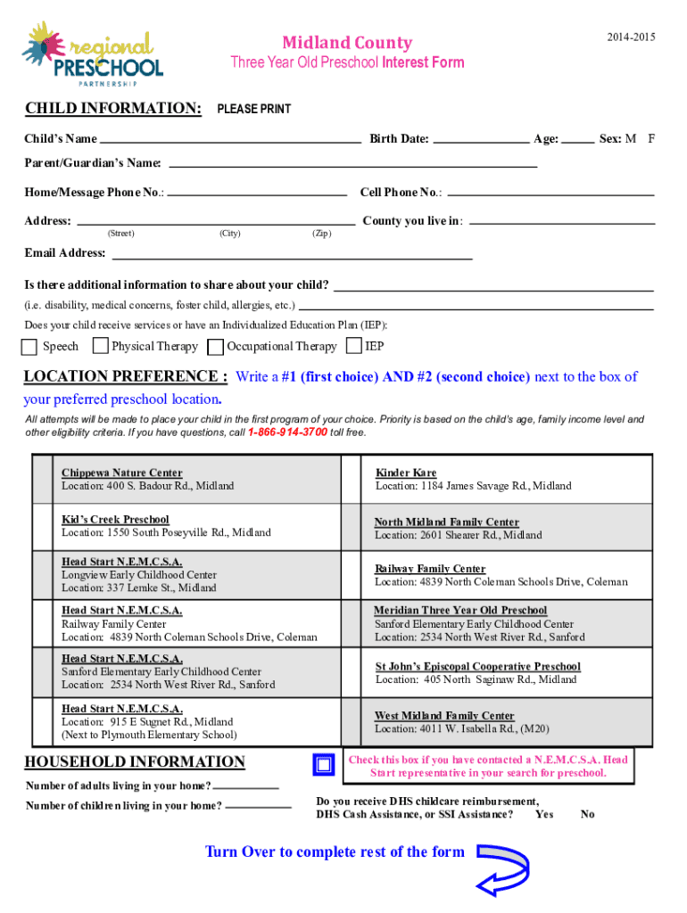 Fillable Online Midland County - Three Year Old Preschool Interest Form ...