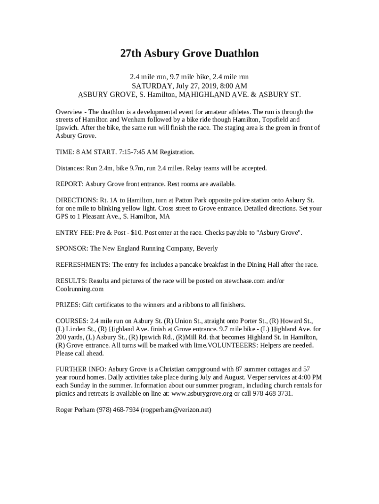 27th Asbury Grove Duathlon Doc Template | pdfFiller