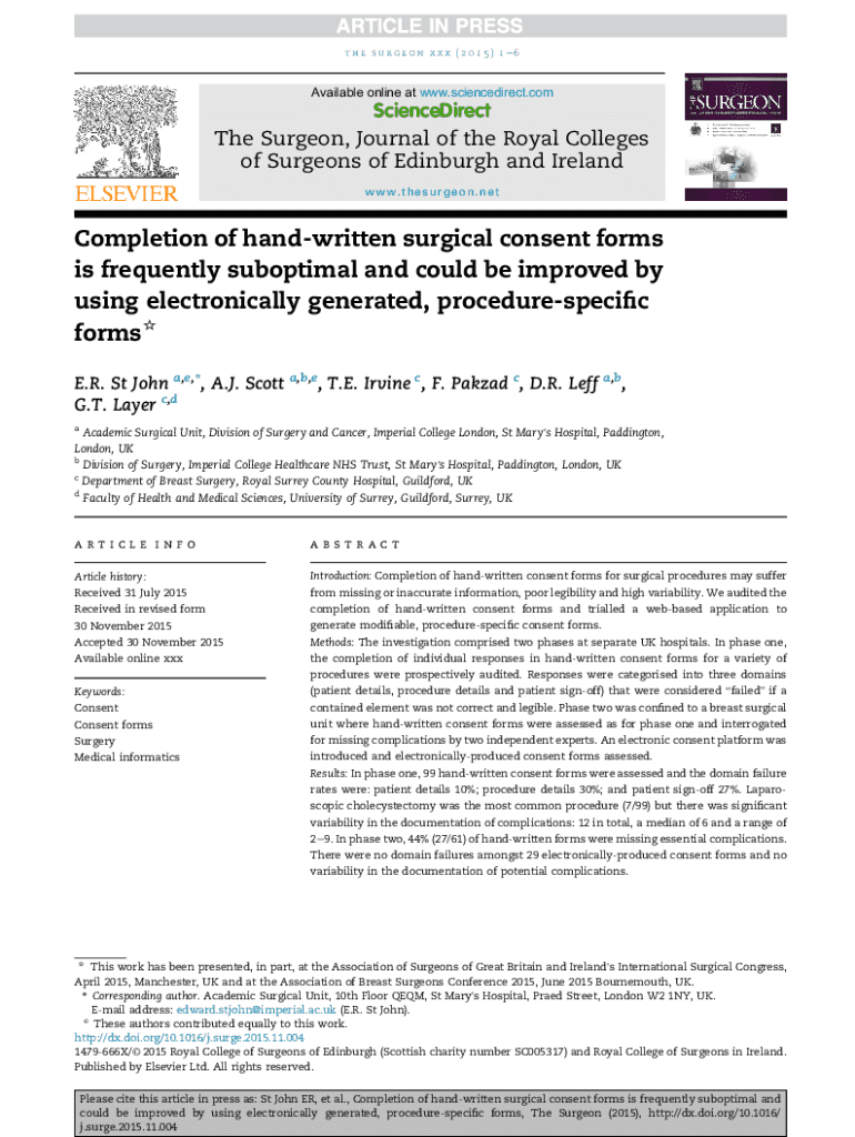 Fillable Online Completion of hand-written surgical consent forms is ...