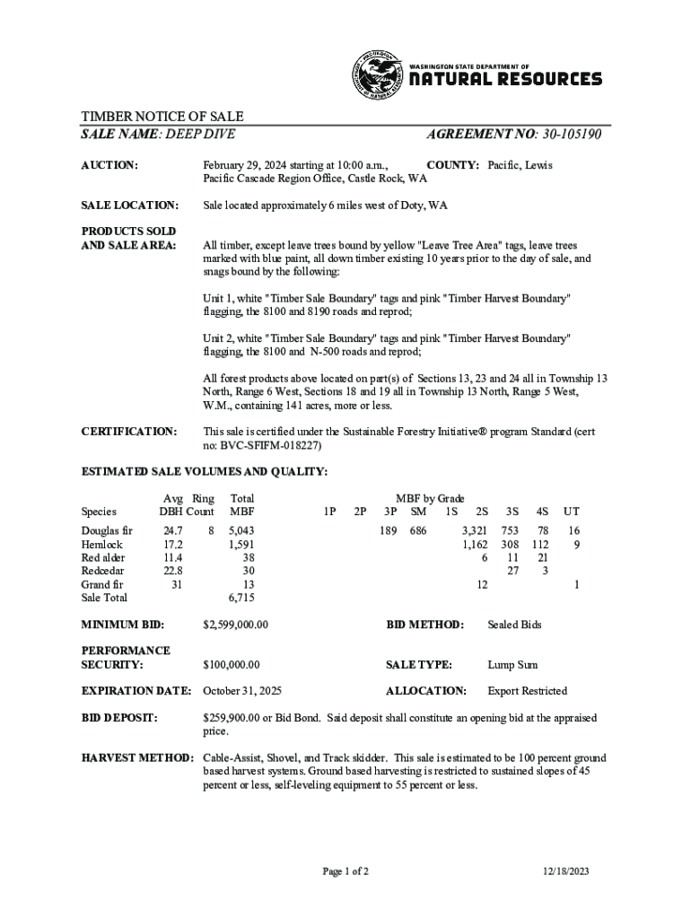 Fillable Online Deep Dive Timber Sale, Agreement No. 30-105190 and ...