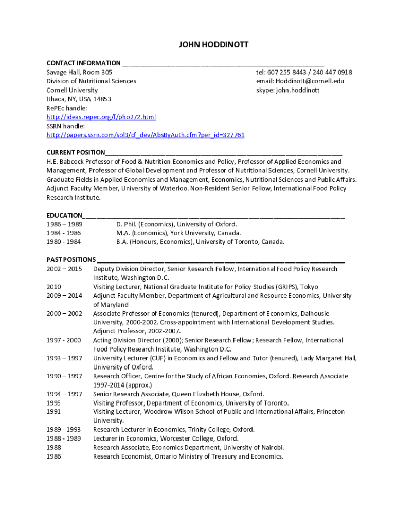 Fillable Online John Hoddinott Cornell UniversityCUDepartment of ...