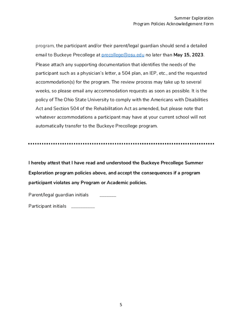 Fillable Online oaa osu Buckeye Precollege Summer Exploration Program Policies Acknowledgement ...