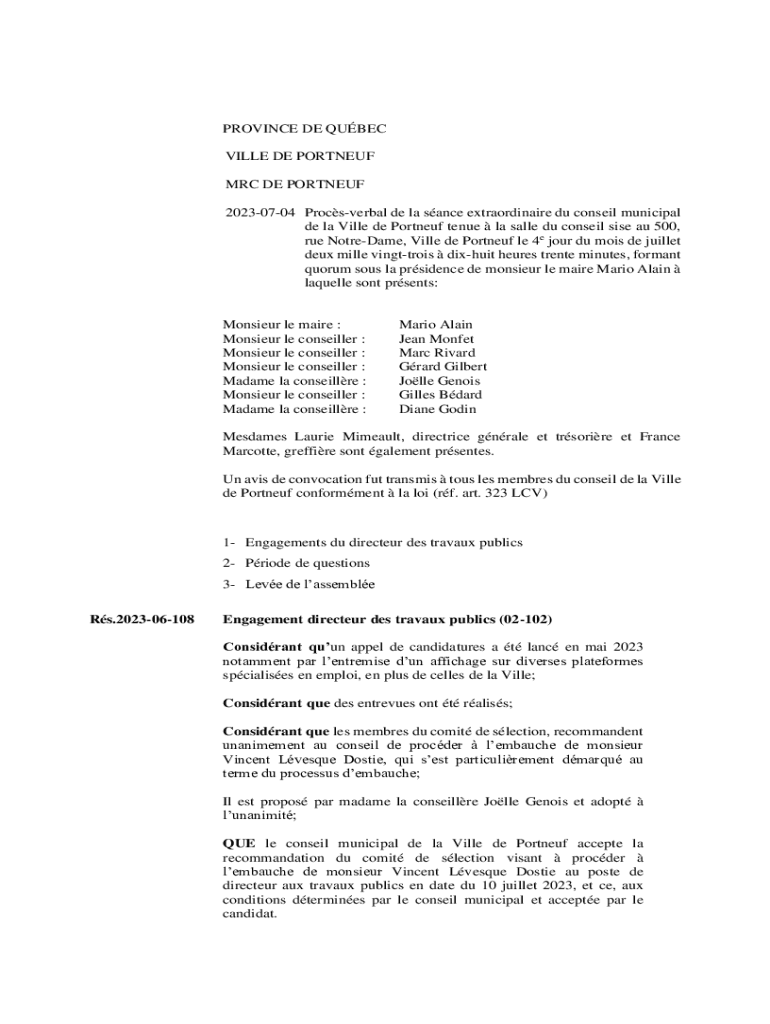 Remplissable En Ligne 2023-07-04 Procs-verbal de la sance extraordinaire du conseil municipal ...